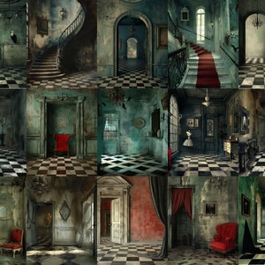 40 Surreal Gothic Creepy Rooms, Digital Papers Backgrounds, Paper Pack ...