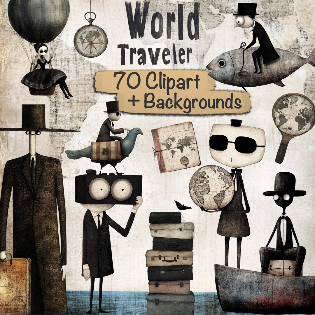 75 Png Whimsical World Traveler Bundle + 15 Backgrounds - DIY, Cards ...