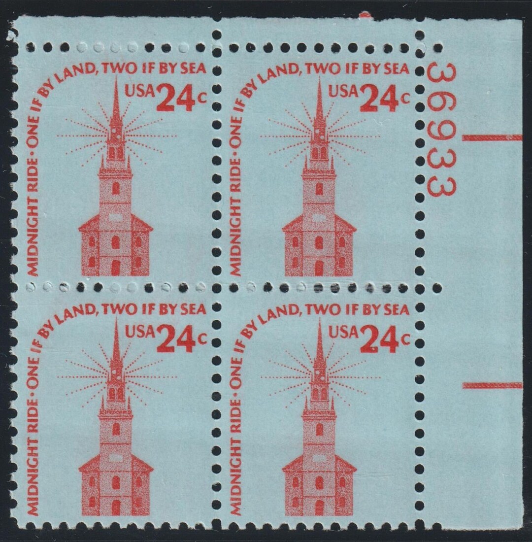 1975 Old North Church Plate Block of Four 24-cent United States Postage ...