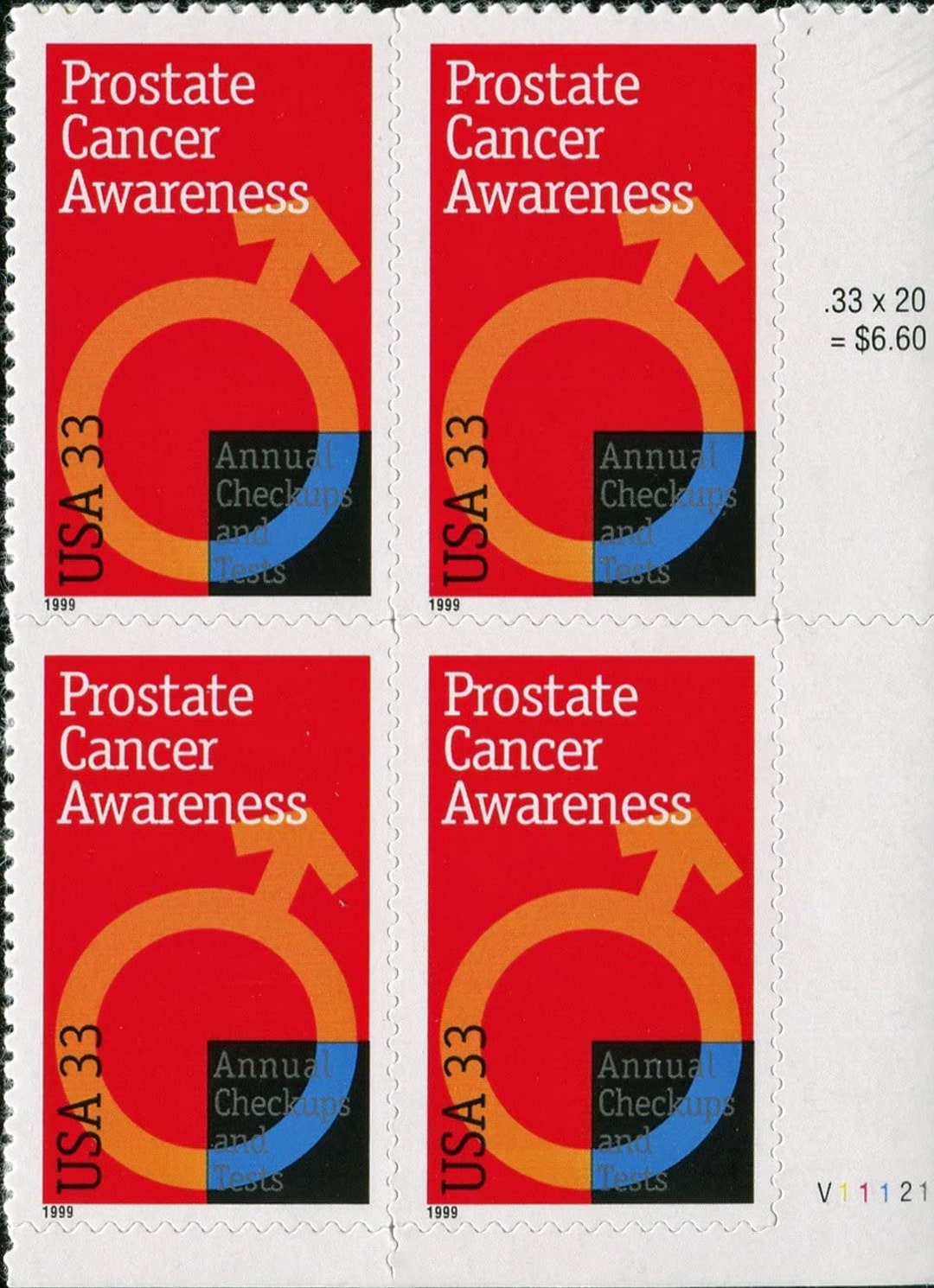 Prostate Cancer Plate Block of Four 33-cent United States Postage ...