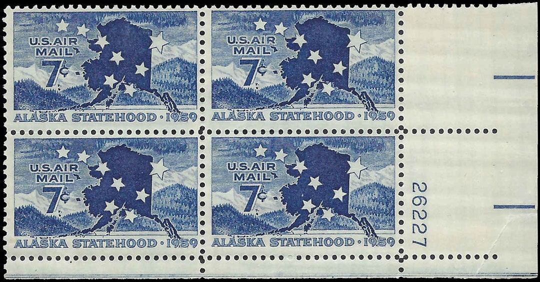 US 1959 Alaska Statehood Plate Block of Four Airmail Postage Stamps ...