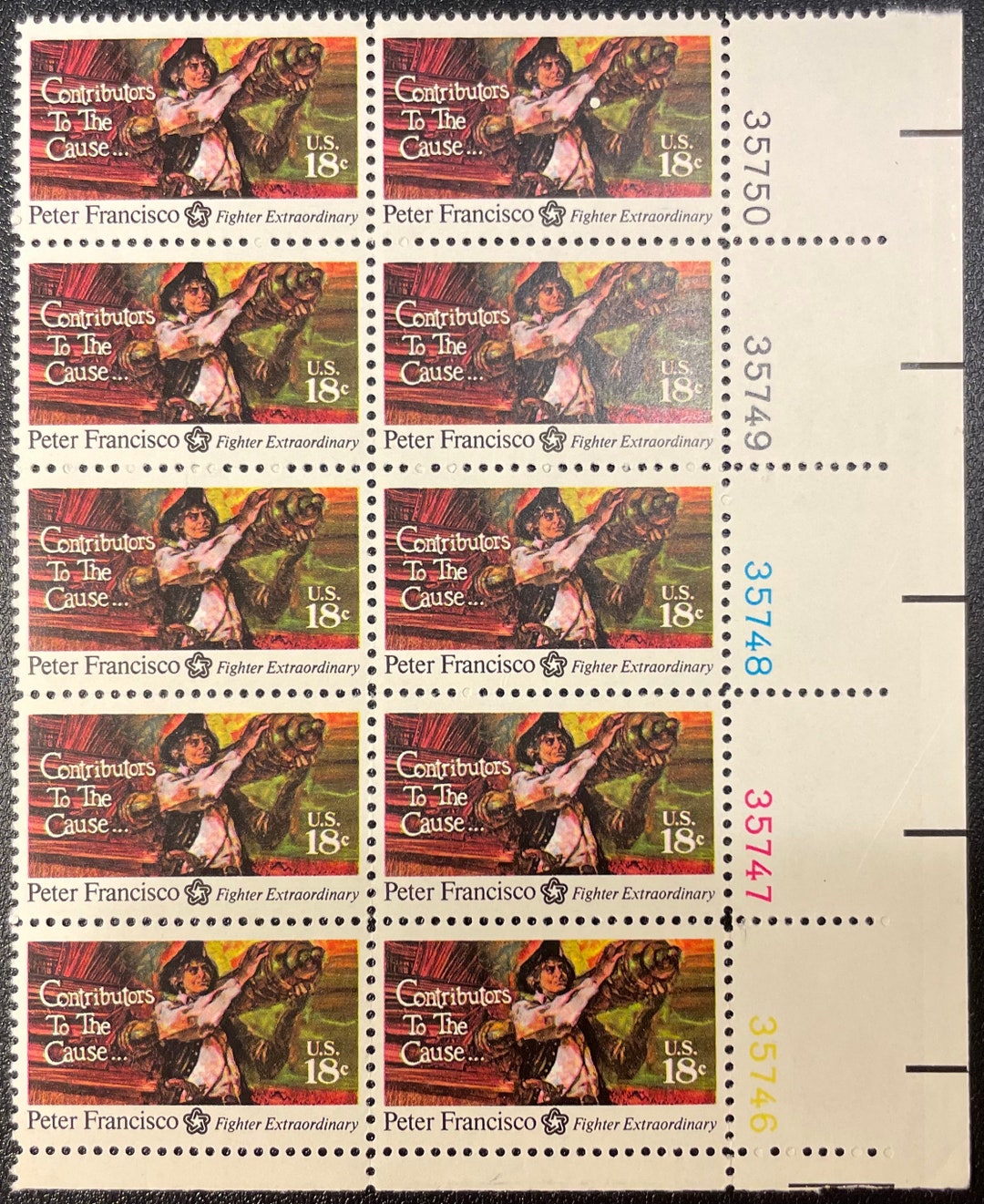 Peter Francisco Plate Block of Ten 18-cent United States Postage Stamps ...