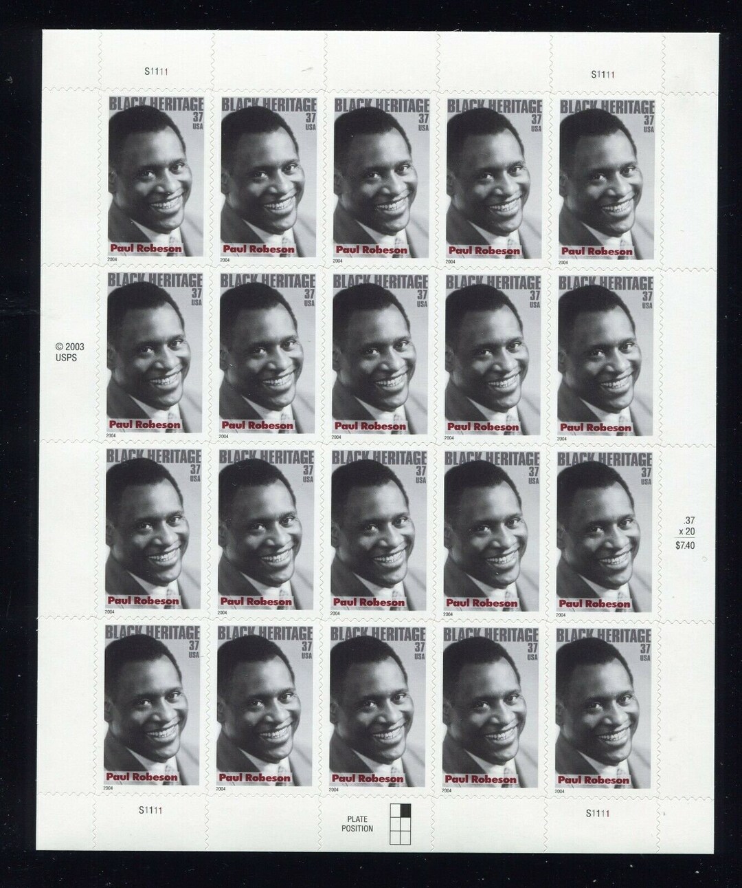 US 2004 Paul Robeson Sheet of Twenty Postage Stamps Mint Never Hinged ...