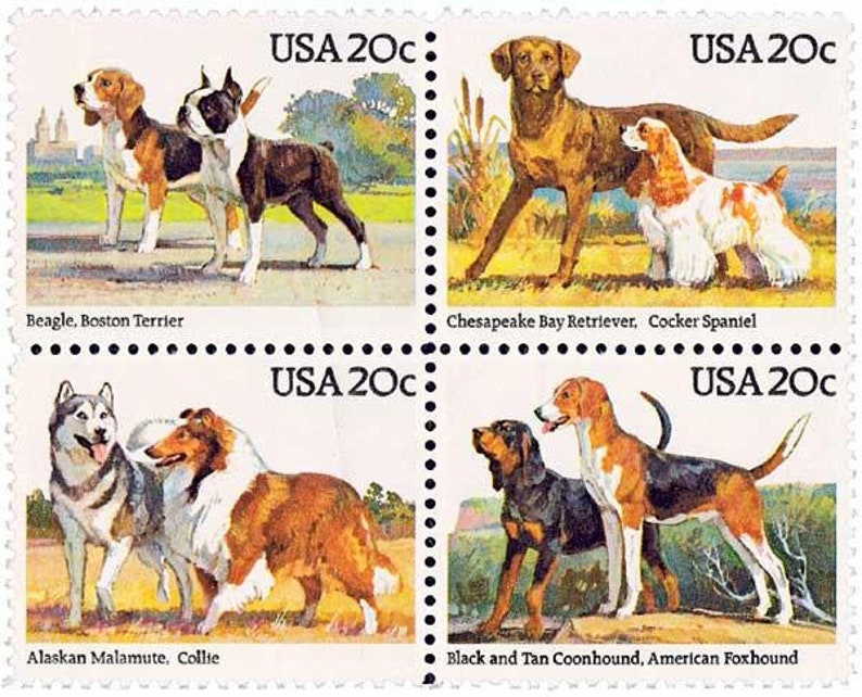 American Dog Breeds Block of Four 20-cent United States Postage Stamps ...