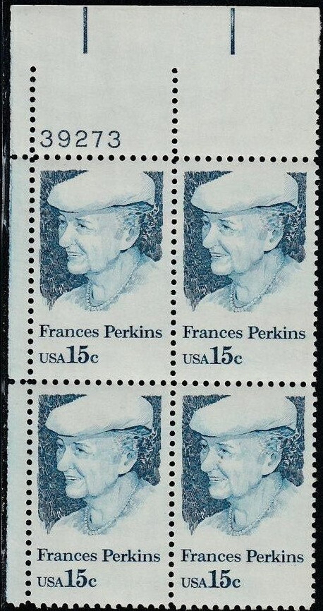 1980 Frances Perkins Plate Block of Four 15-cent US Postage Stamps Mint ...