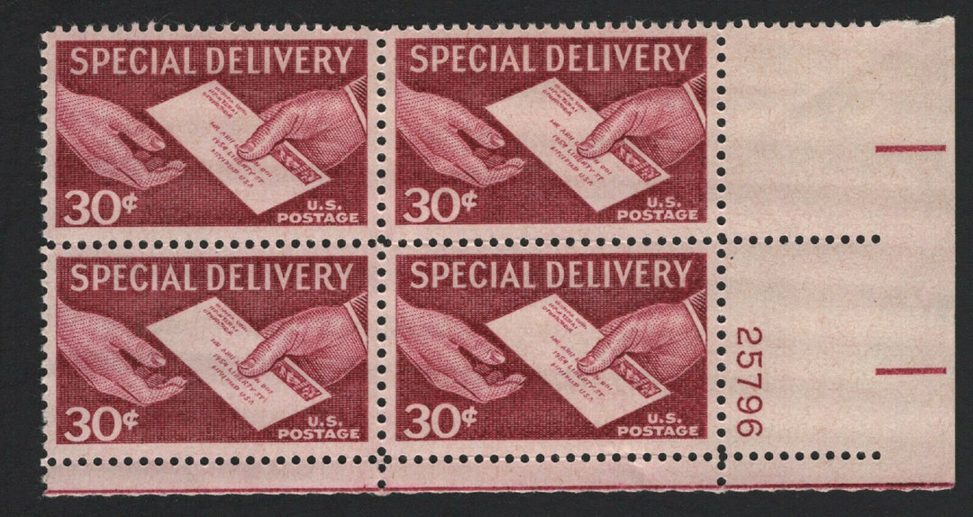 1957 Hands and Letter Special Delivery Plate Block of Four 30-cent US ...