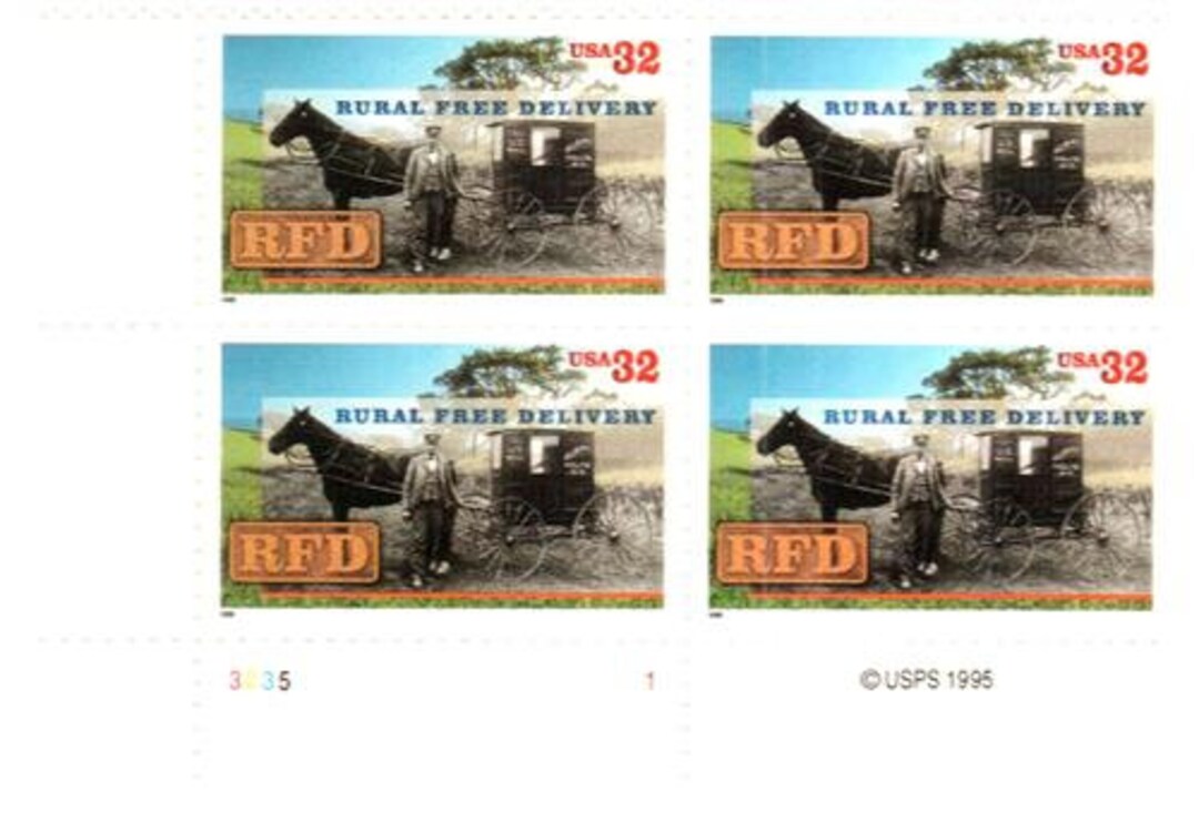 RFD Plate Block of Four 32-cent United States Postage Stamps Issued ...