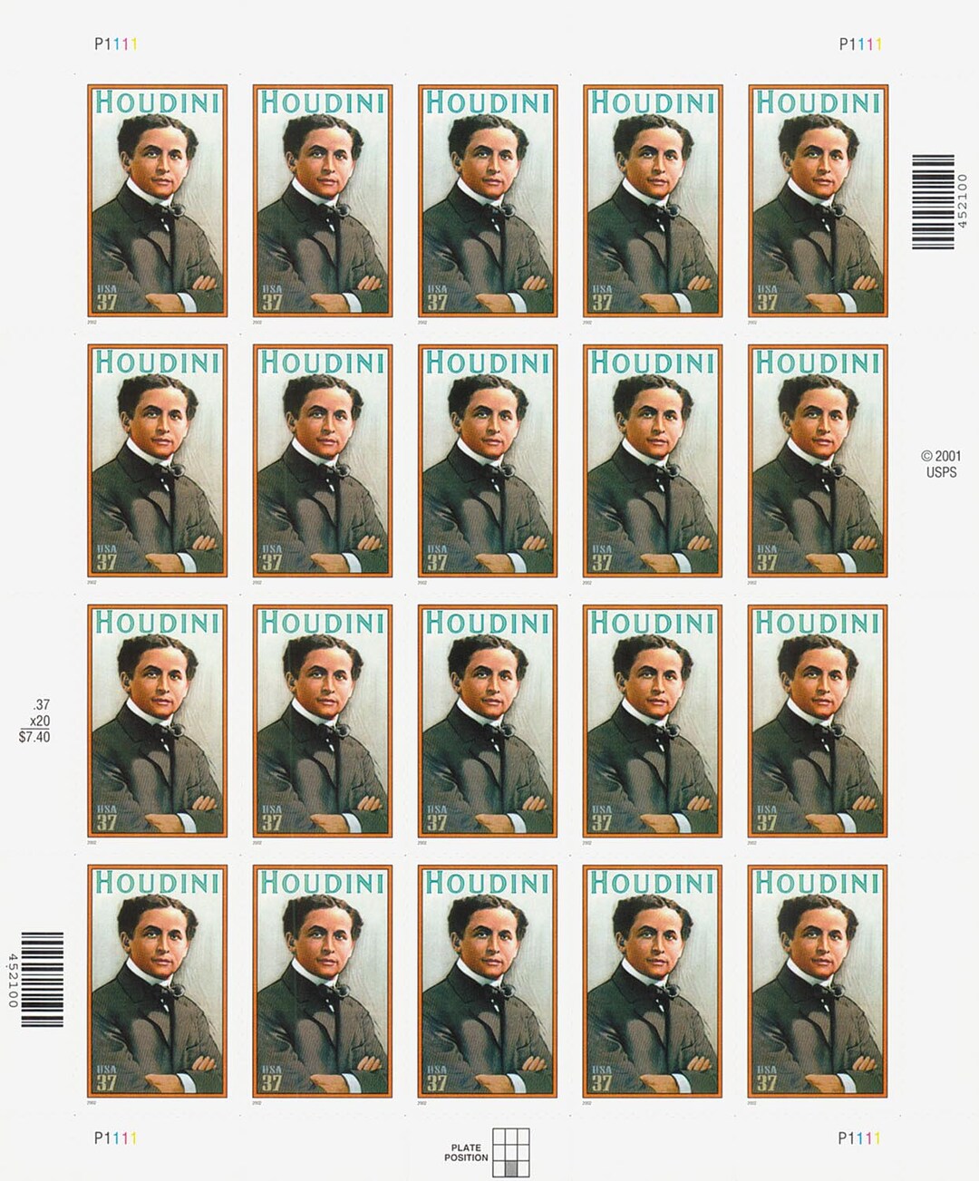 US 2002 Harry Houdini Sheet of Twenty 37-cent Postage Stamps Mint Never ...