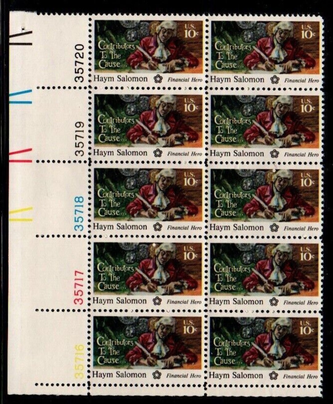 Haym Salomon Plate Block of Ten 10-cent USA Postage Stamps Issued 1975 ...