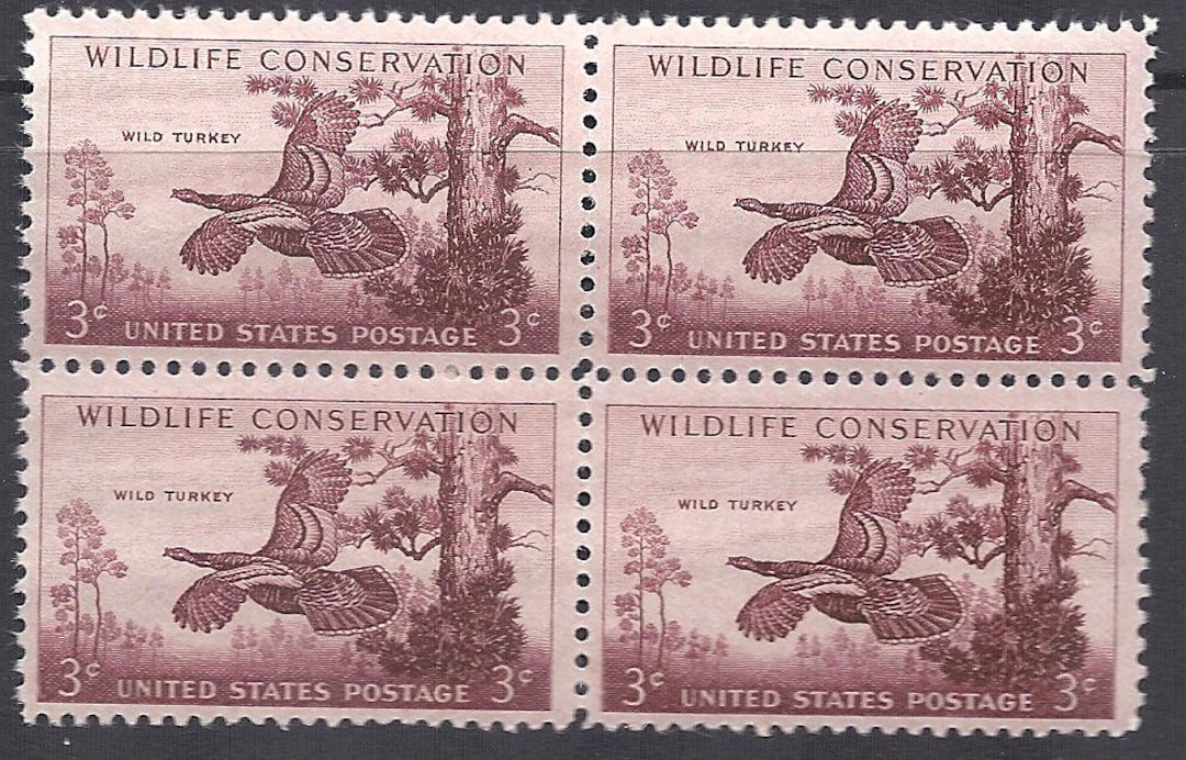 1956 Wild Turkey Wildlife Conservation Block of Four 3-cent United ...