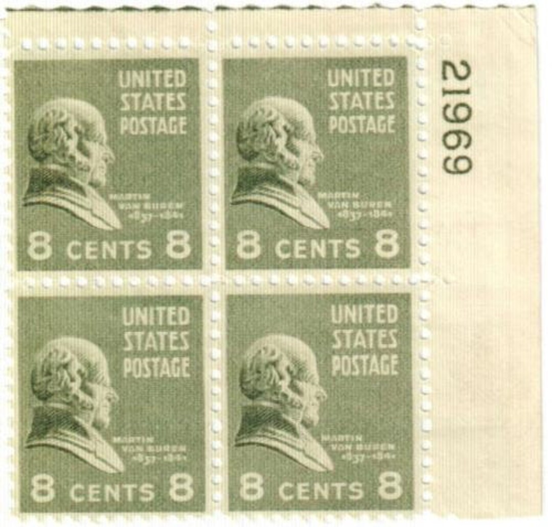 1938 Martin Van Buren Plate Block of Four US 8-cent Postage Stamps Mint ...