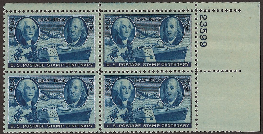 United States Postage Stamp Centenary Plate Block of Four 3-cent Stamps ...