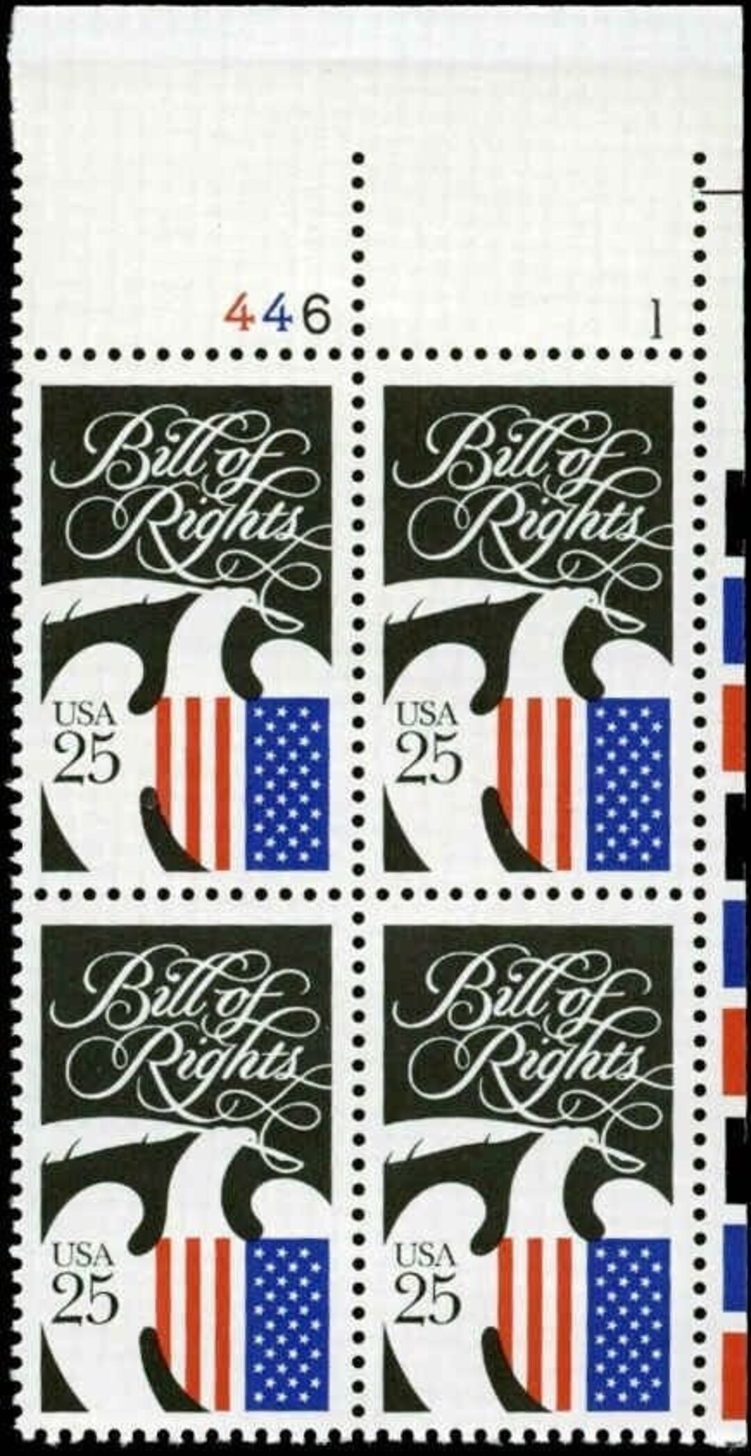 Bill of Rights Plate Block of Four 25-cent United States Postage Stamps ...