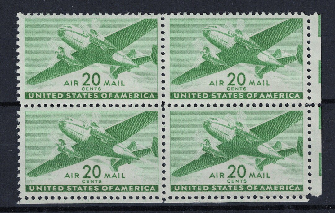 Twin-motored Transport Airplane Block of Four 20-cent United States Air ...