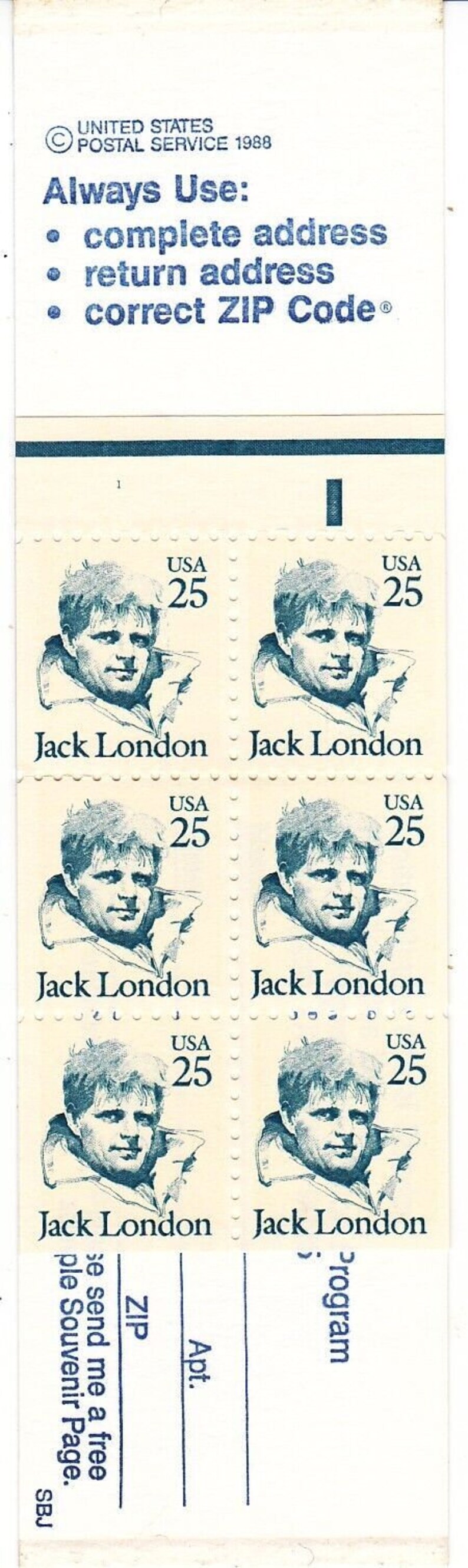 US 1988 Jack London Booklet of Six 25-cent Postage Stamps Mint Never ...