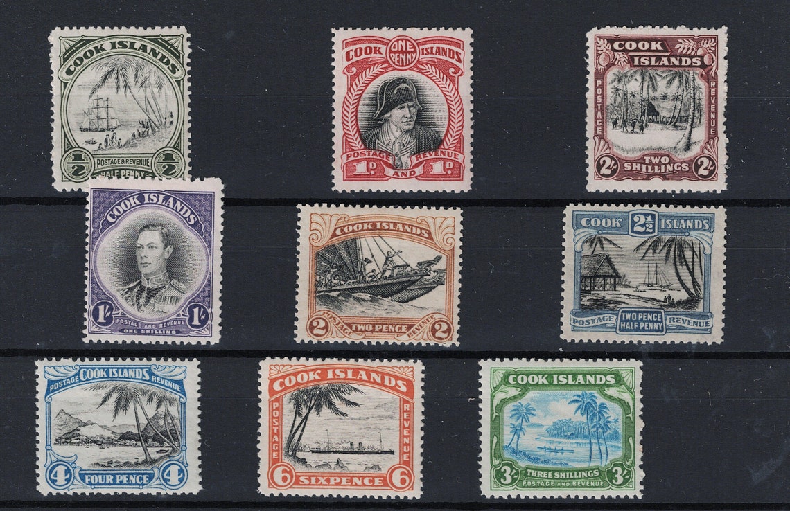 King George VI and Local Scenes Set of Nine Cook Islands Postage Stamps ...