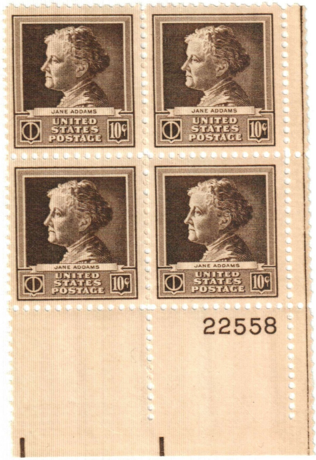 Jane Addams Plate Block of Four 10-cent United States Postage Stamps ...