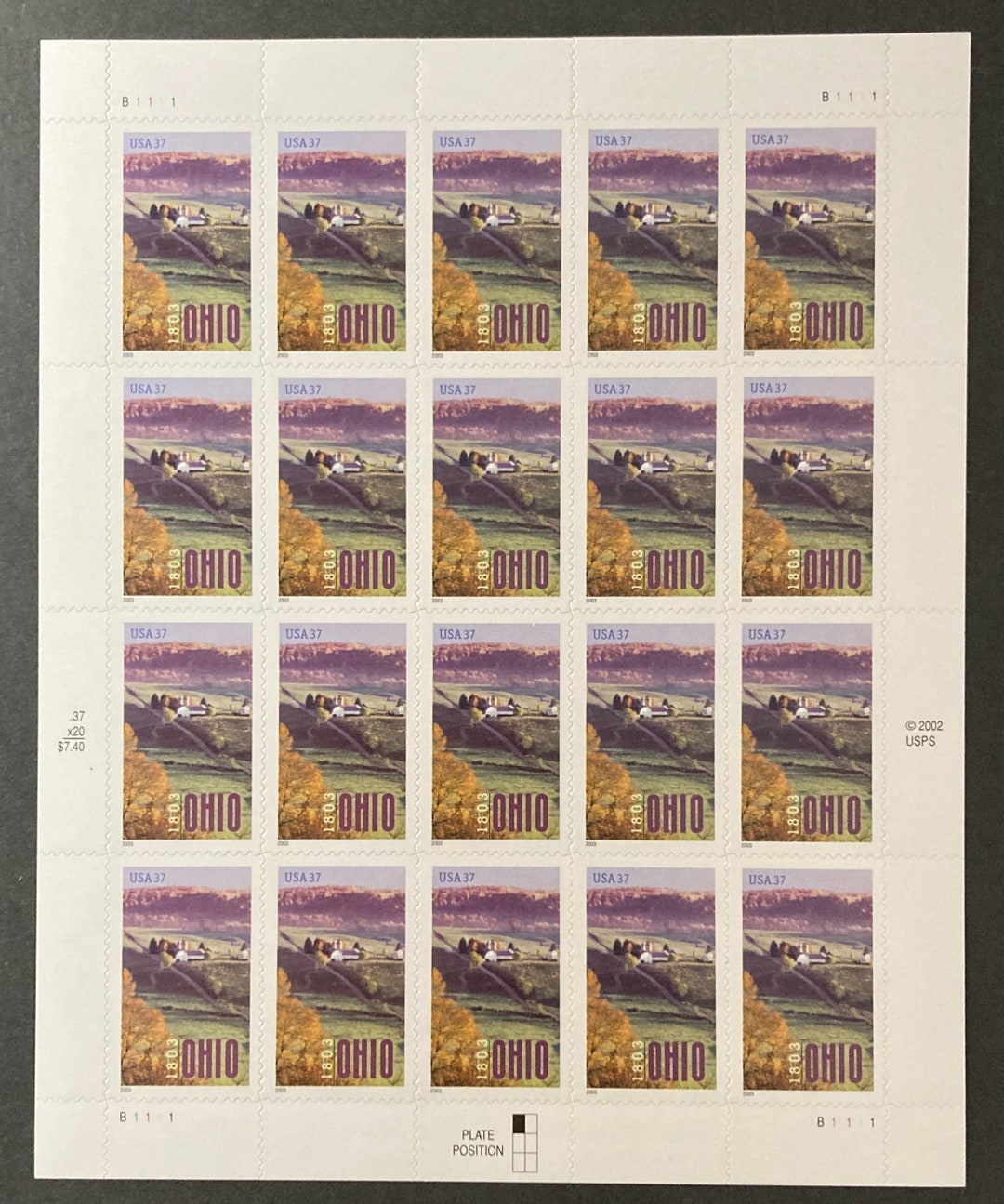 Ohio Statehood Sheet of Twenty 37-cent United States Postage Stamps ...