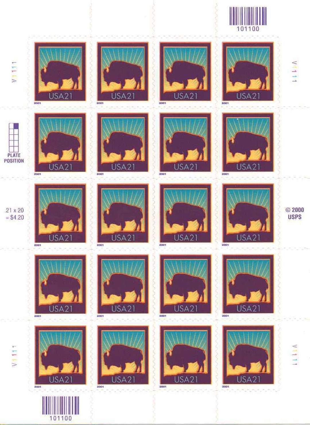 American Bison Sheet of Twenty 21-cent United States Postage Stamps ...