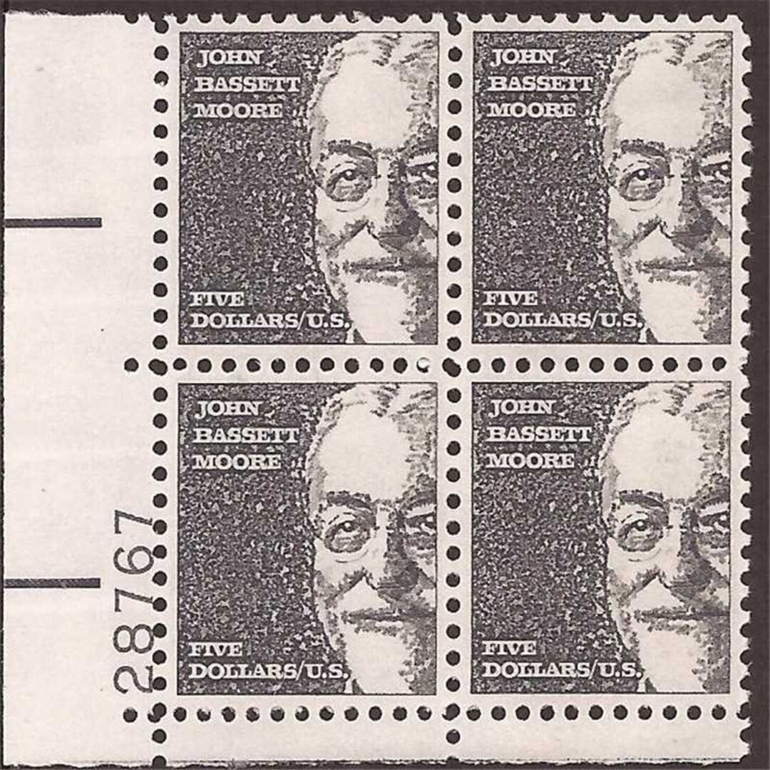 John Bassett Moore Plate Block of Four 5-dollar United States Postage ...