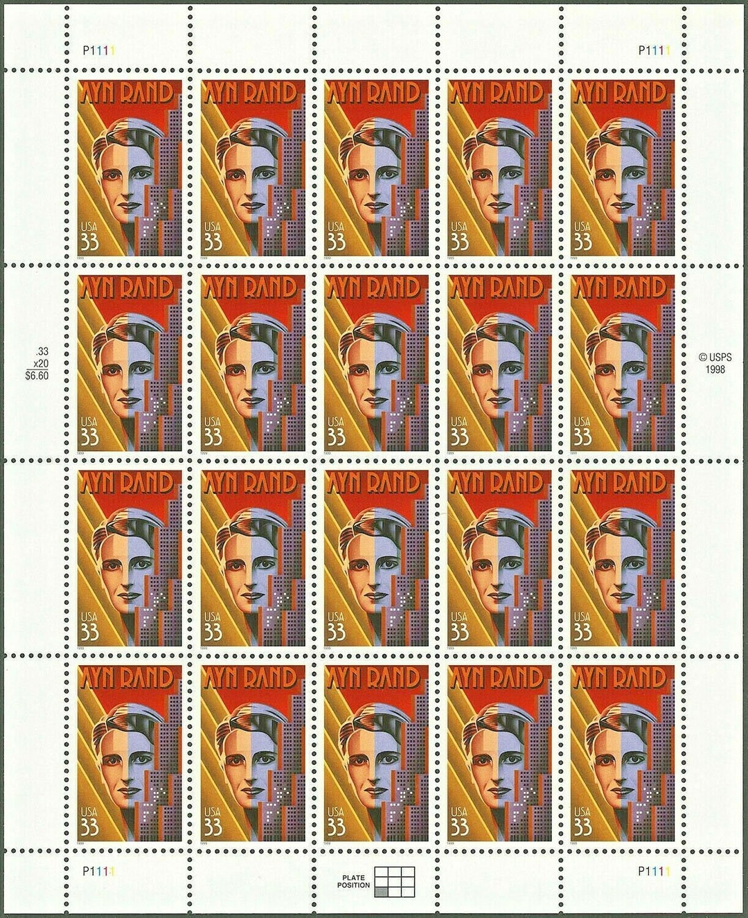 1999 Literary Arts Ayn Rand Sheet of Twenty 33-cent United States ...