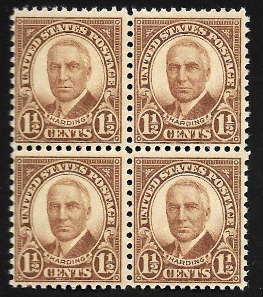 Warren G Harding Block of Four 1-1/2 Cent US Postage Stamps Issued 1930 ...