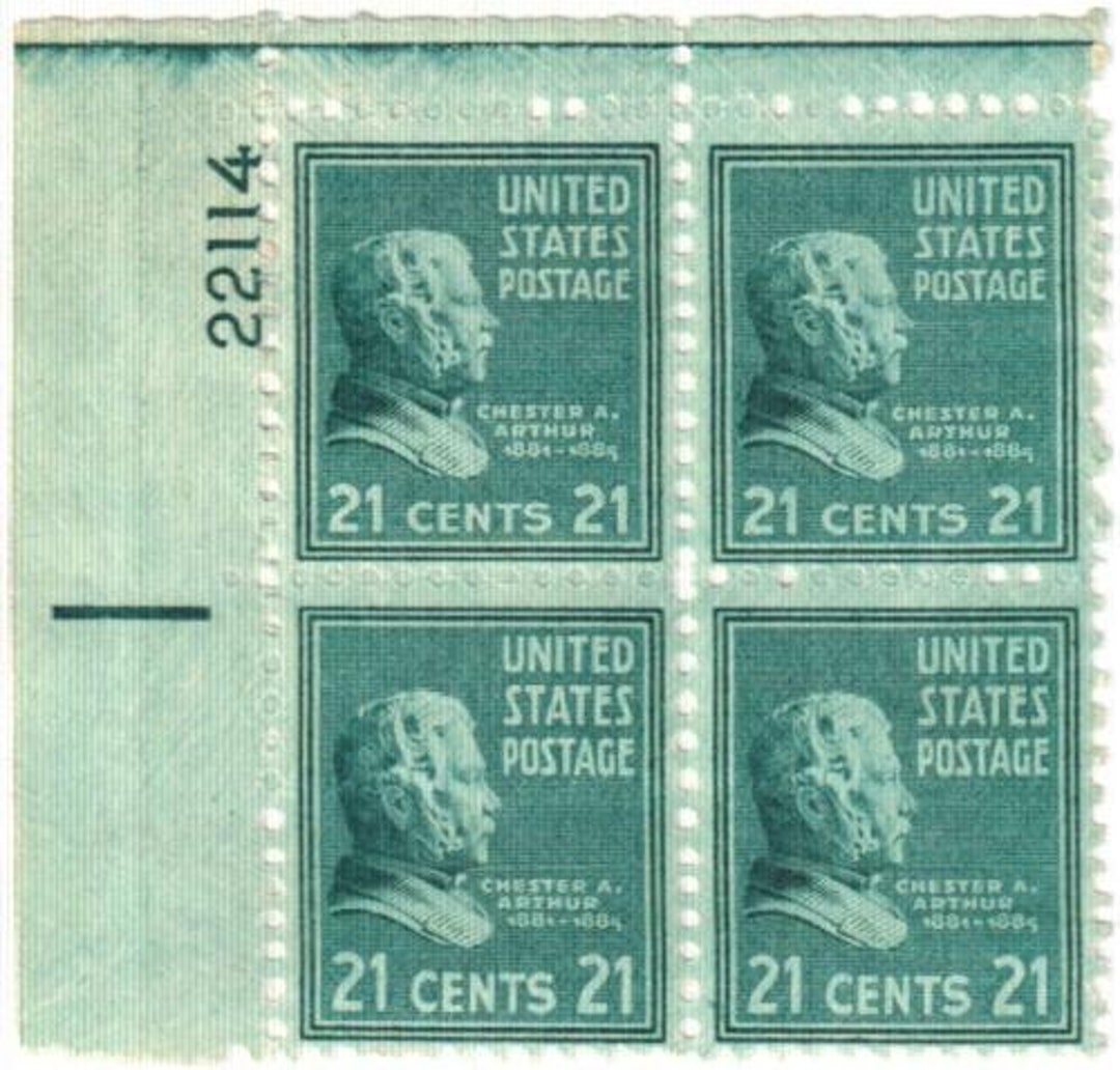 Chester Arthur Plate Block of Four 21-cent United States Postage Stamps ...