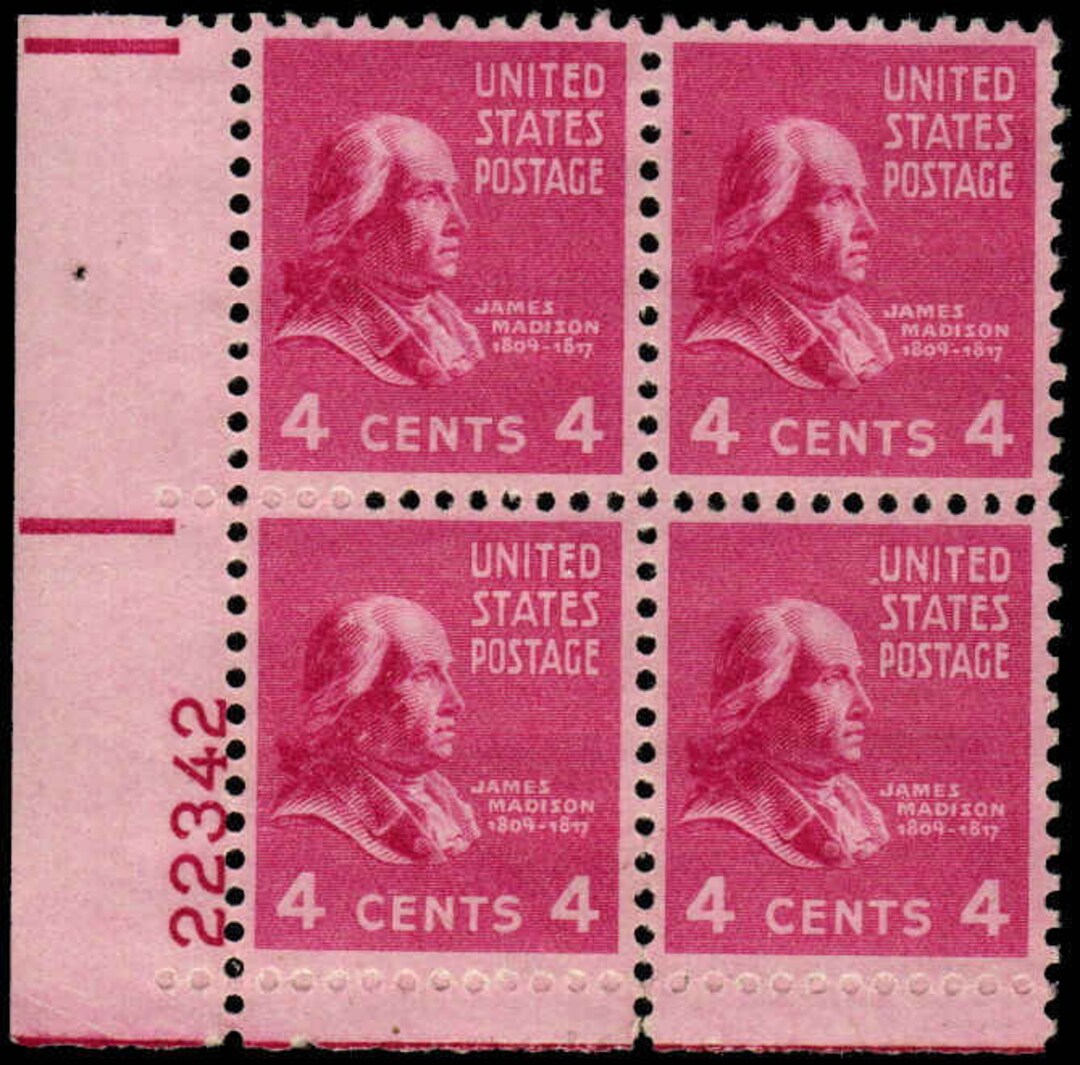 United States 1938 James Madison Plate Block of Four 4-cent Postage ...