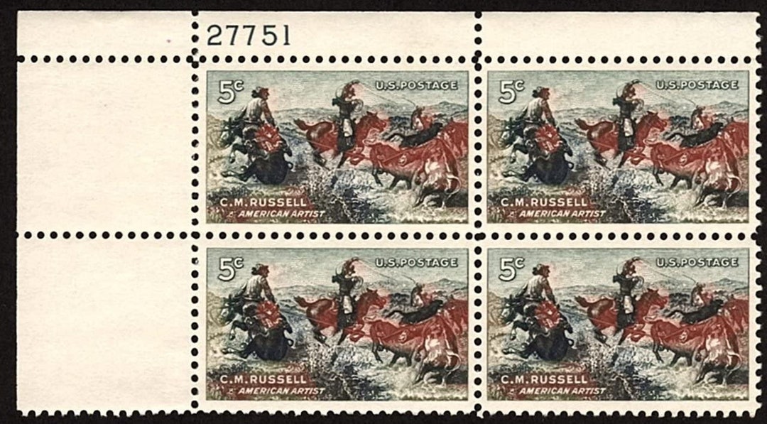 Charles M Russell American Artist Plate Block of Four 5-cent United ...