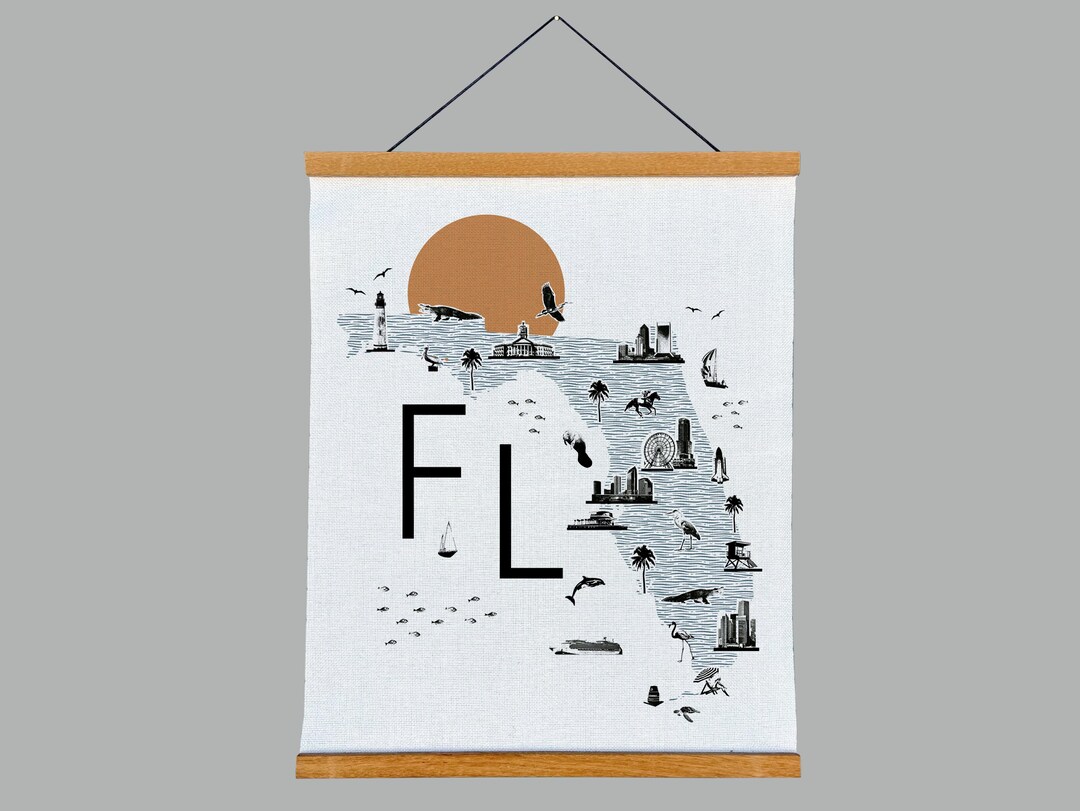 Florida Map Graphic Collage Fabric Print With Wooden Hanging Frame | St ...
