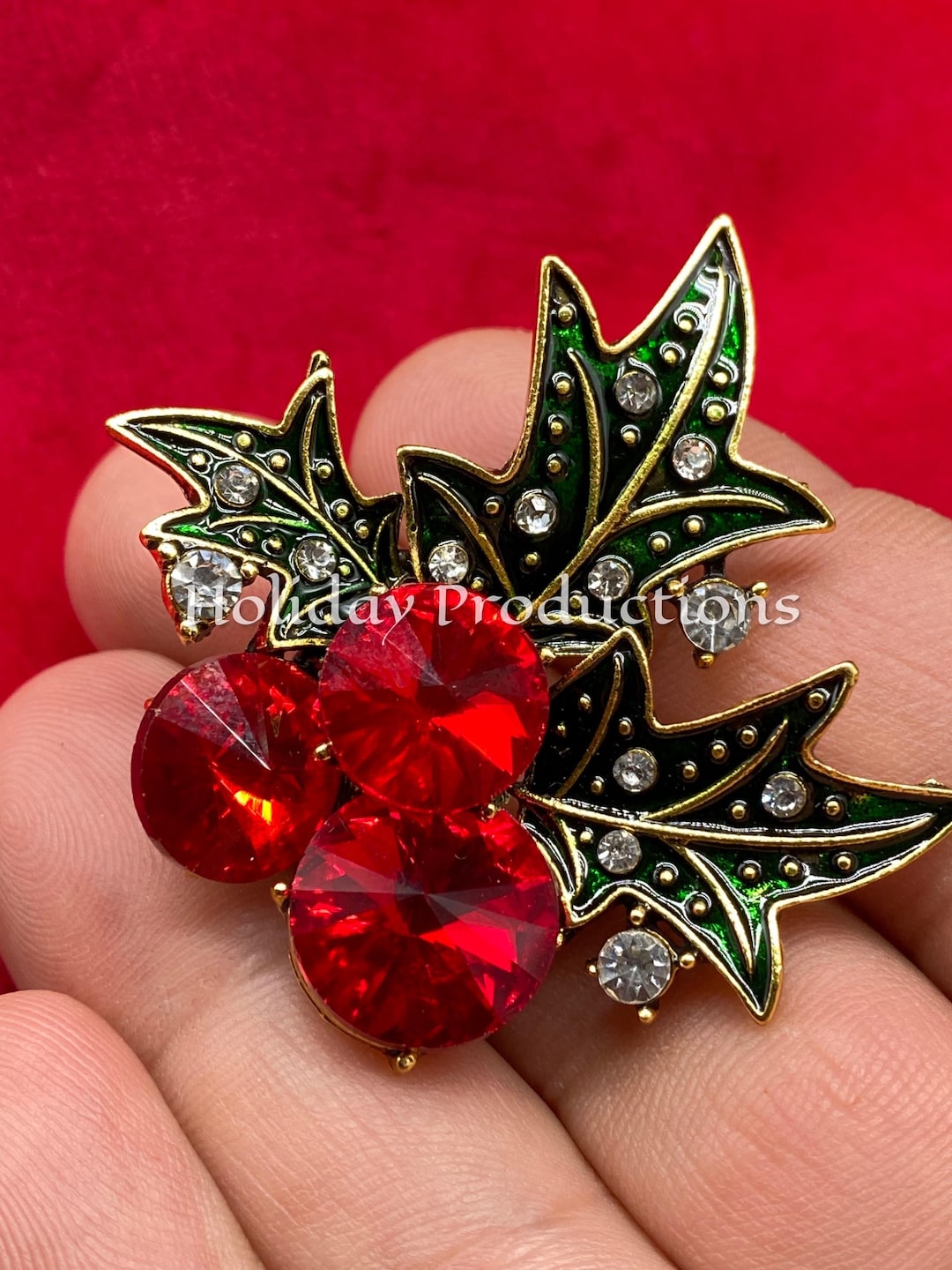 Christmas Holly Brooch Red Berry Crystals Green Holly Leaf Gold Accents ...