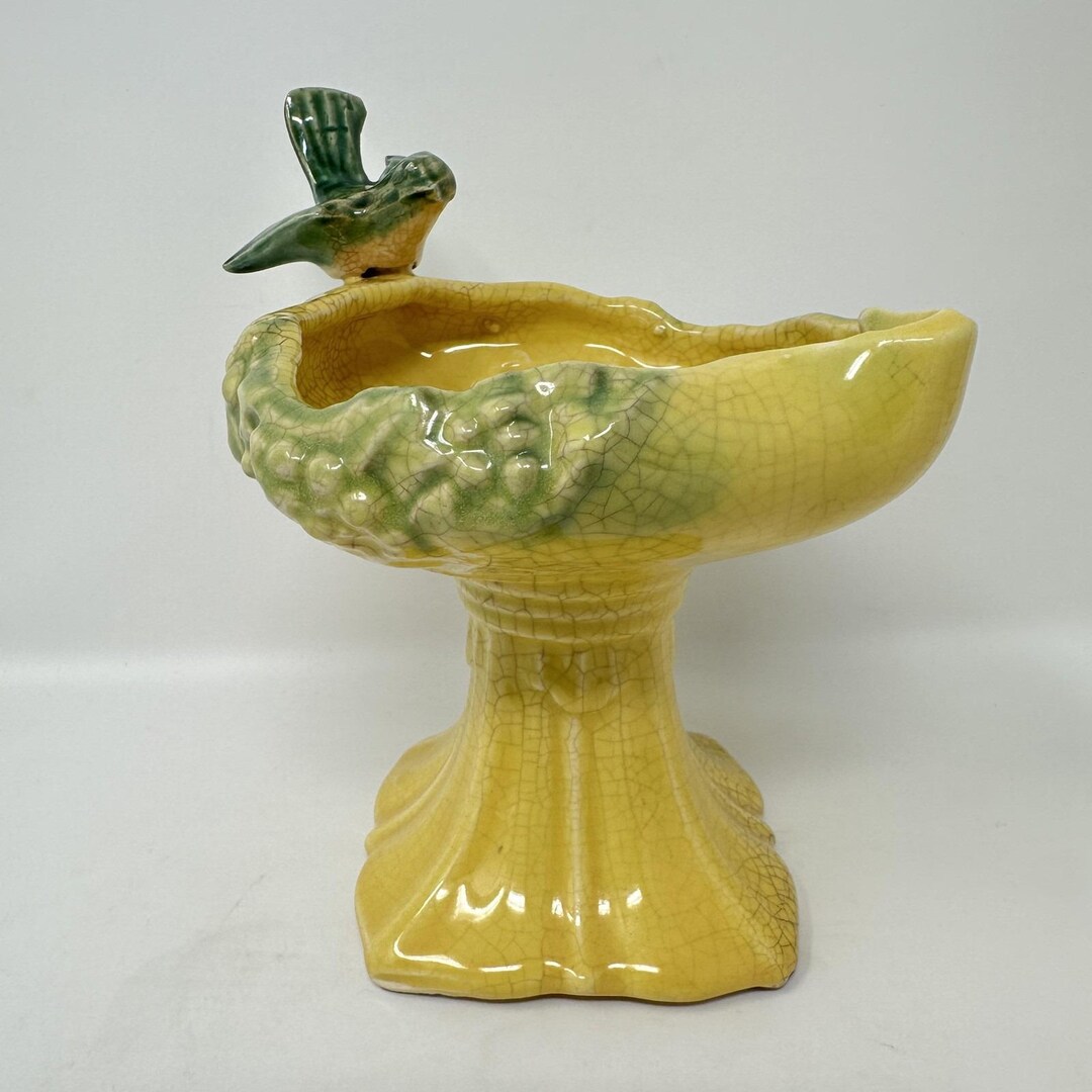 Vintage 50s Mccoy Bird Bath Pedestal Planter Art Pottery Crackle Glaze ...