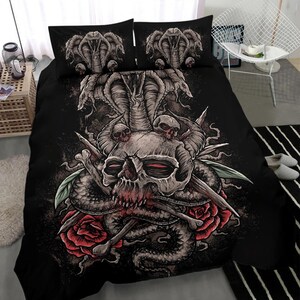 Skull Rose Serpent 3 Piece Duvet Set-skull Serpent Bed Cover-skull ...