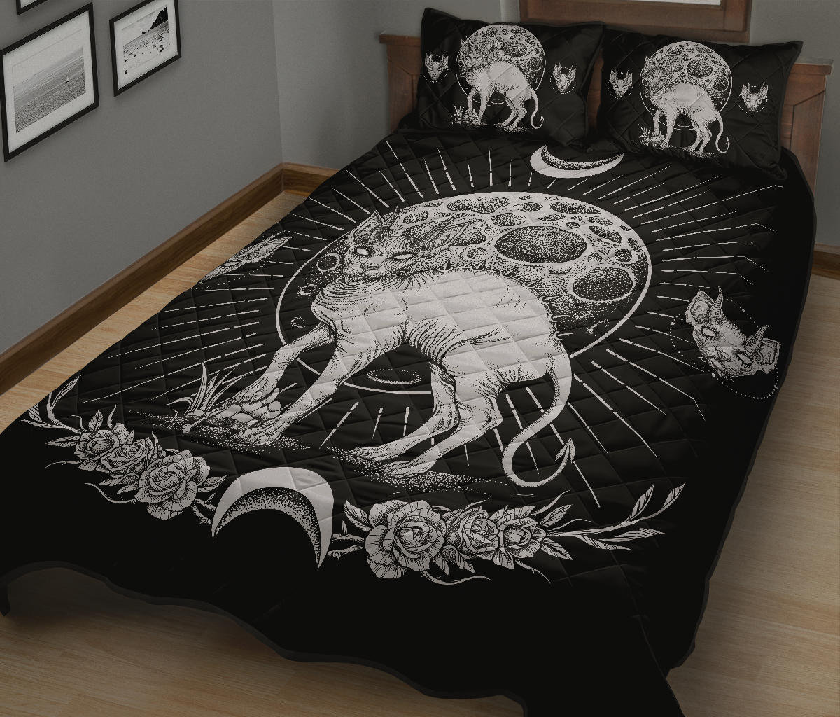 Gothic Occult Black Cat Unique Sphinx Style 3 Piece Quilt Set Black and ...