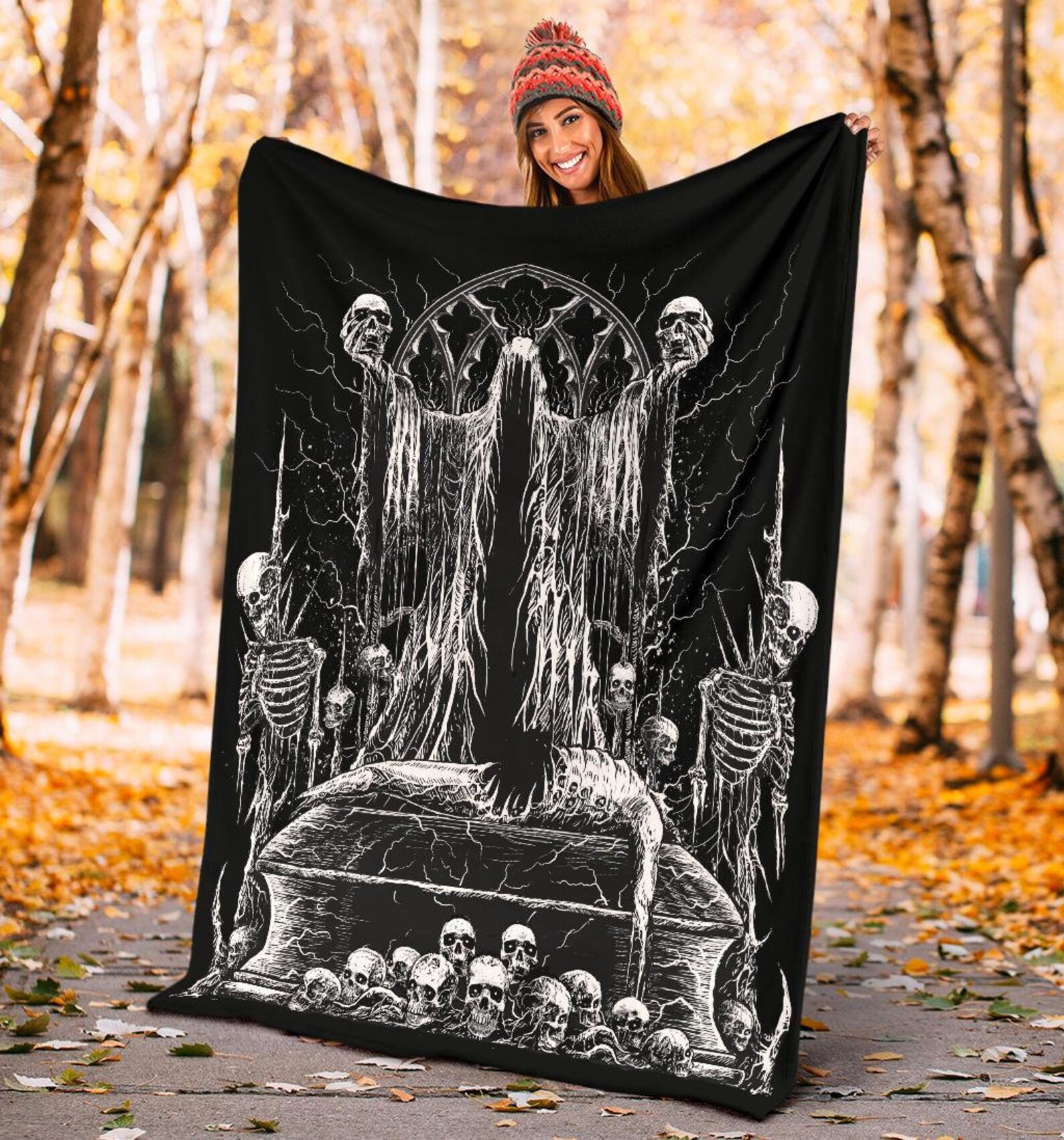 Skull Hooded Demon Impaled Coffin Shrine Blanket Black and White-gothic ...