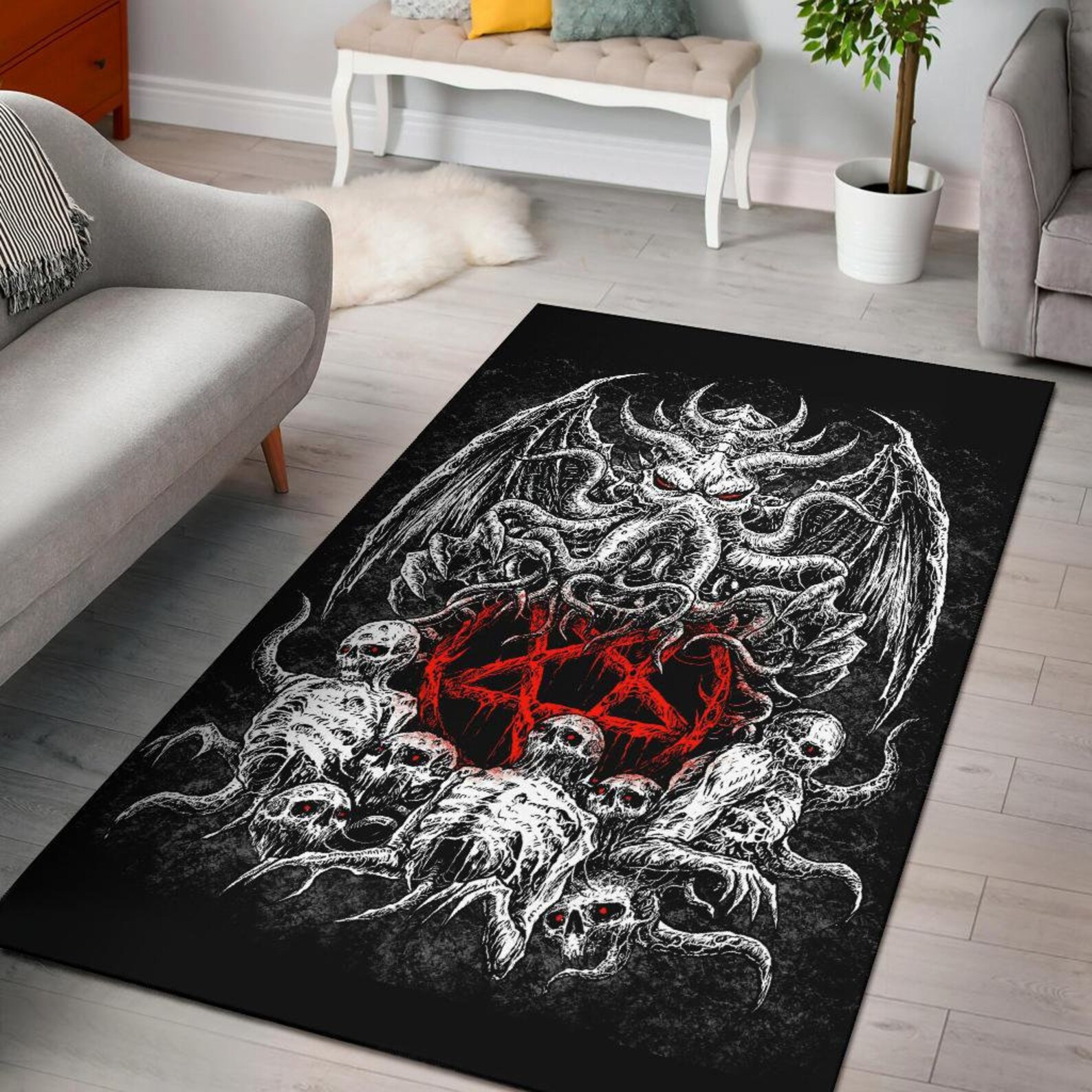 Skull Skeleton Demon Octopus Satanic Pentagram Area Rug Black and White ...