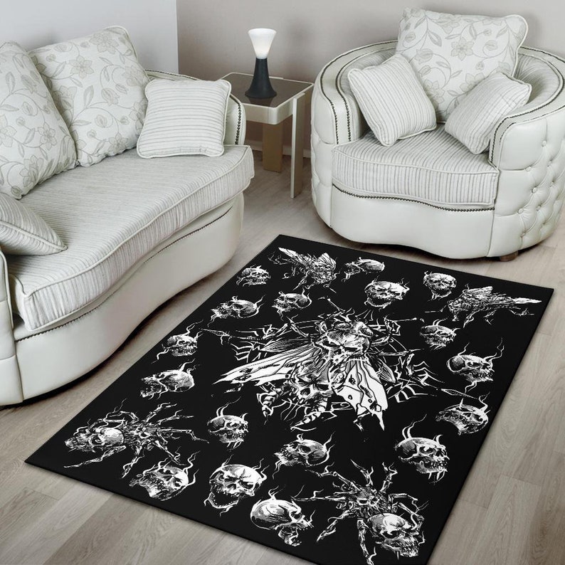 Smoke Skull Evil Goth Spider Fly Area Rug Black and White-skull Goth ...