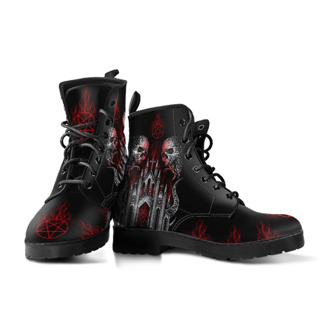 Skull Demon Satanic Pentagram Church Flame Leather Boots-skull Satanic ...