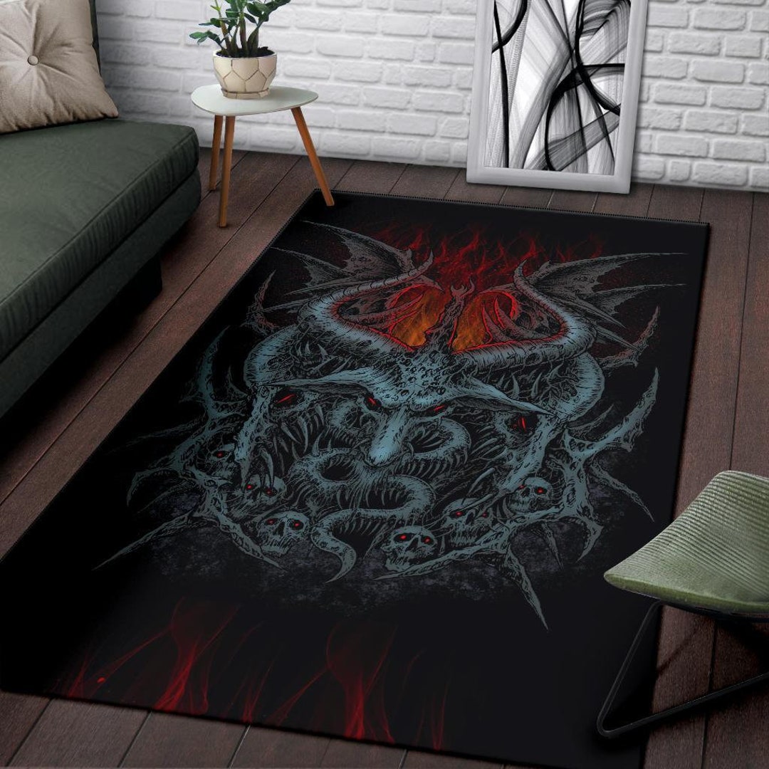 Skull Satanic Goat Demon Flame Area Rug-skull Goat Rug-satanic Room ...