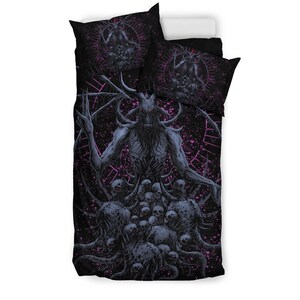 Skull Batwing Baphomet 3 Piece Duvet Set Night Blue Pink-baphomet ...