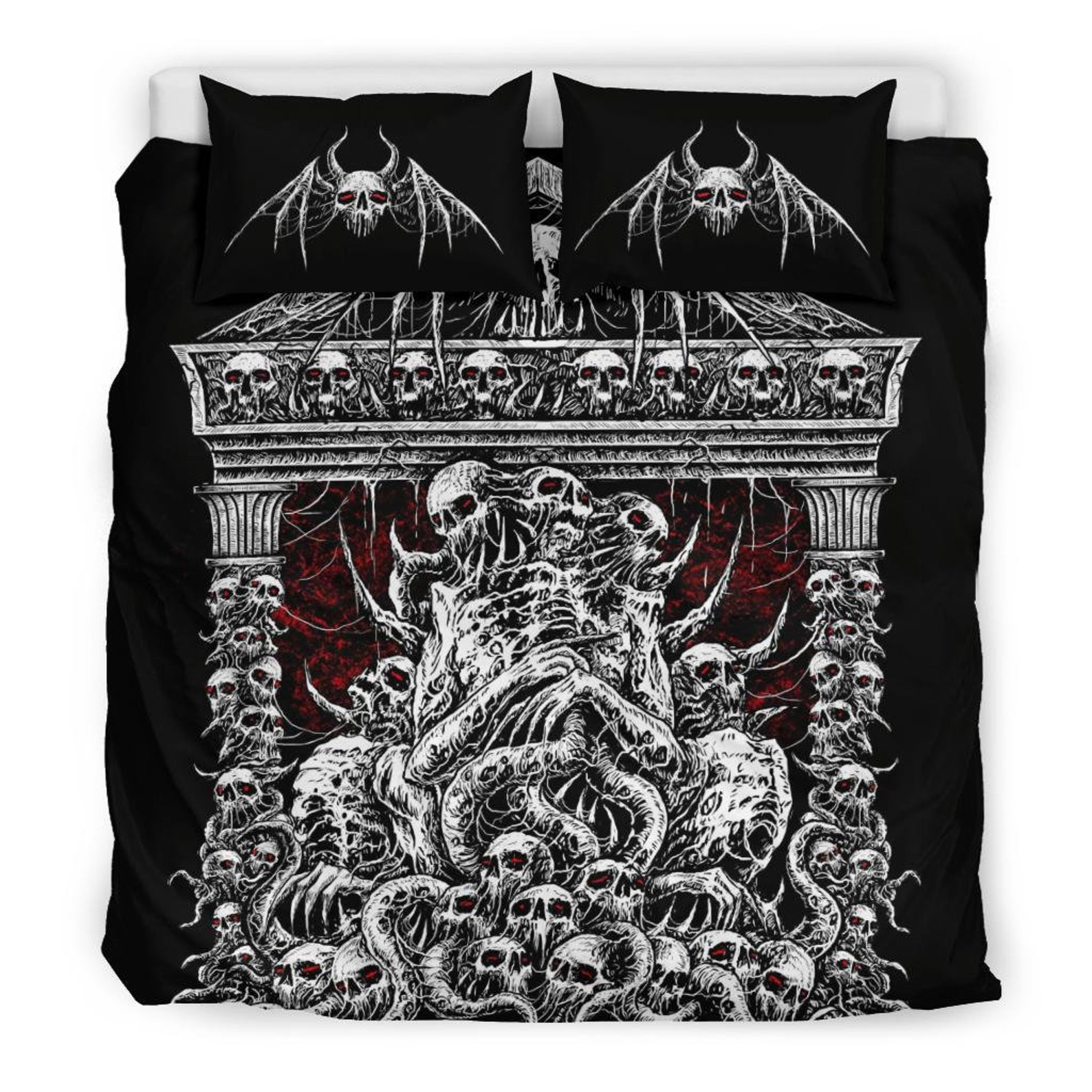 Skull Skeleton Bat Wing Skull Death Shrine 3 Piece Duvet Set | Etsy