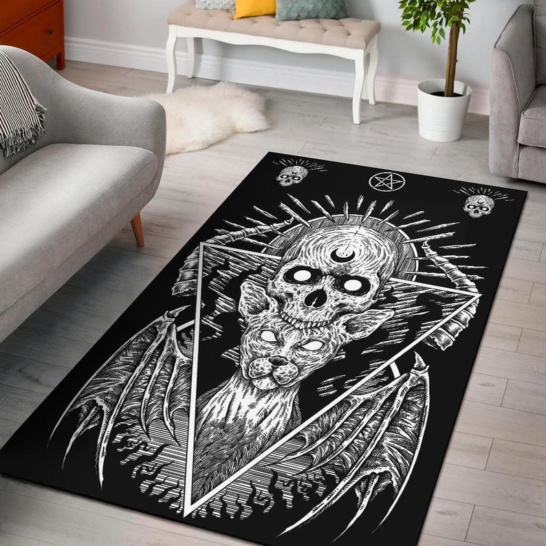 Gothic Occult Skull Demon Cat Pentagram Area Rug-gothic Skull Cat Rug ...