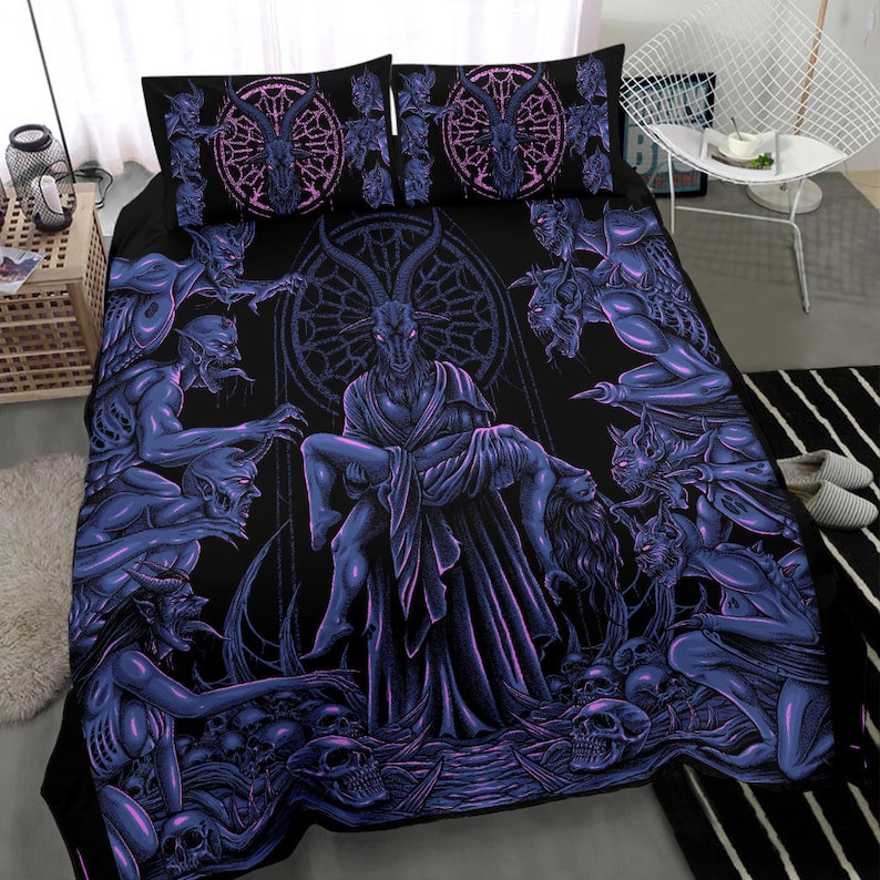 Skull Baphomet Goat Demon Frenzy 3 Piece Duvet Set Night Blue Pink ...