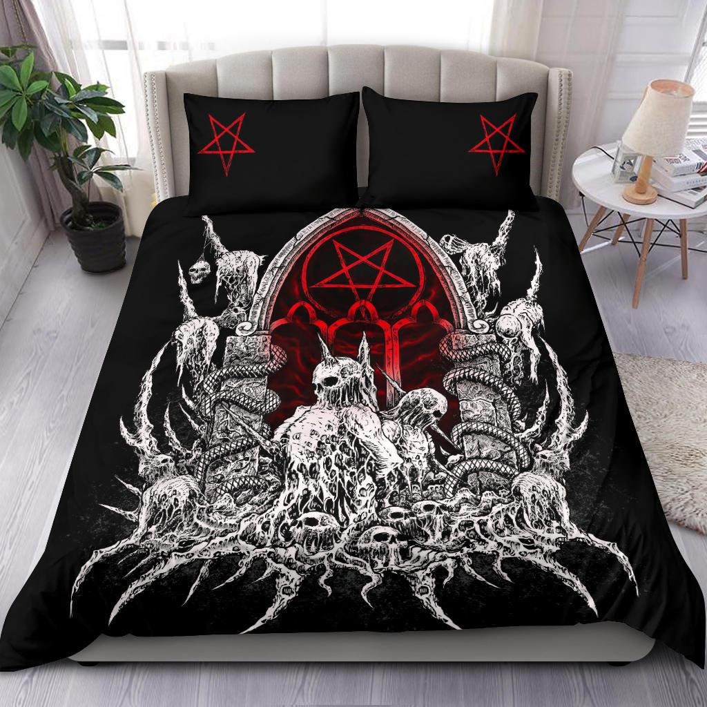 Skull Satanic Pentagram Shrine 3 Piece Duvet Set New Red With White ...