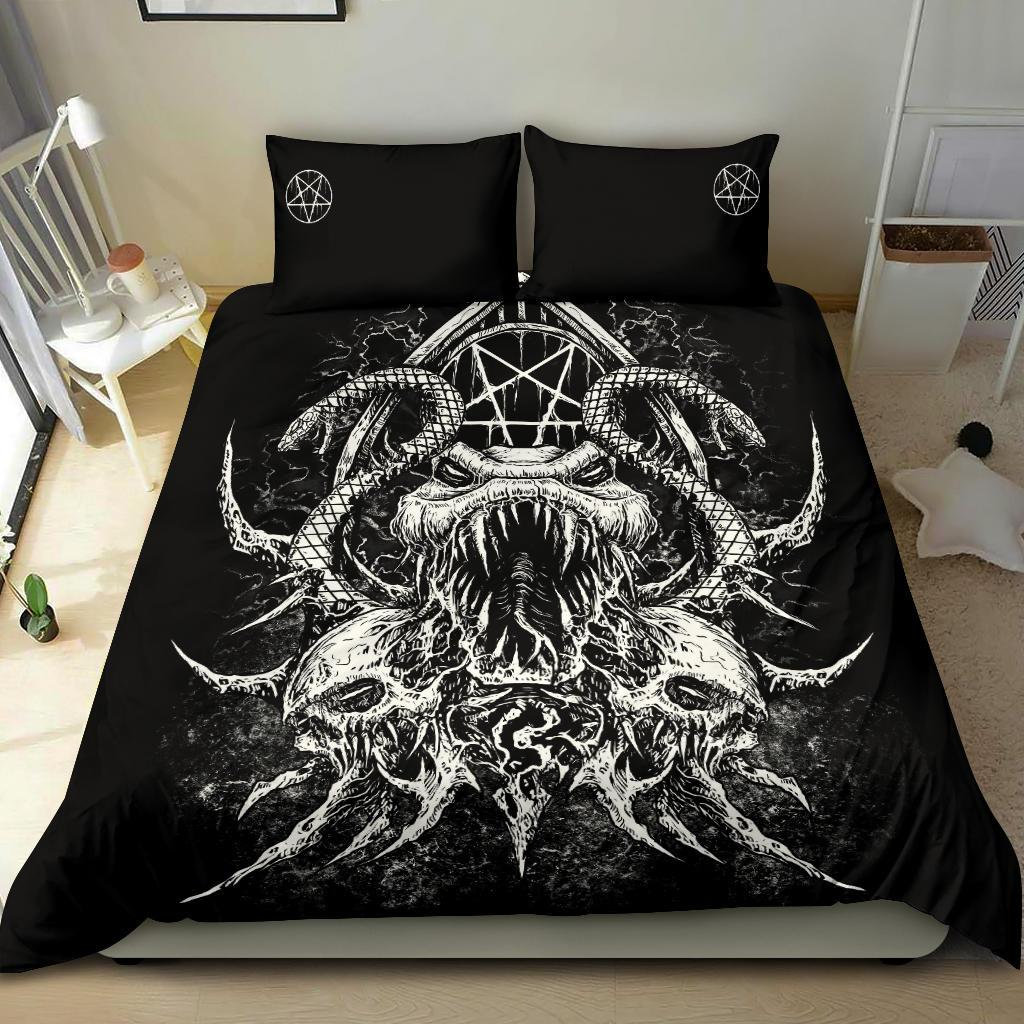 Skull Demon Serpent Satanic Pentagram 3 Piece Duvet Set Black and White ...