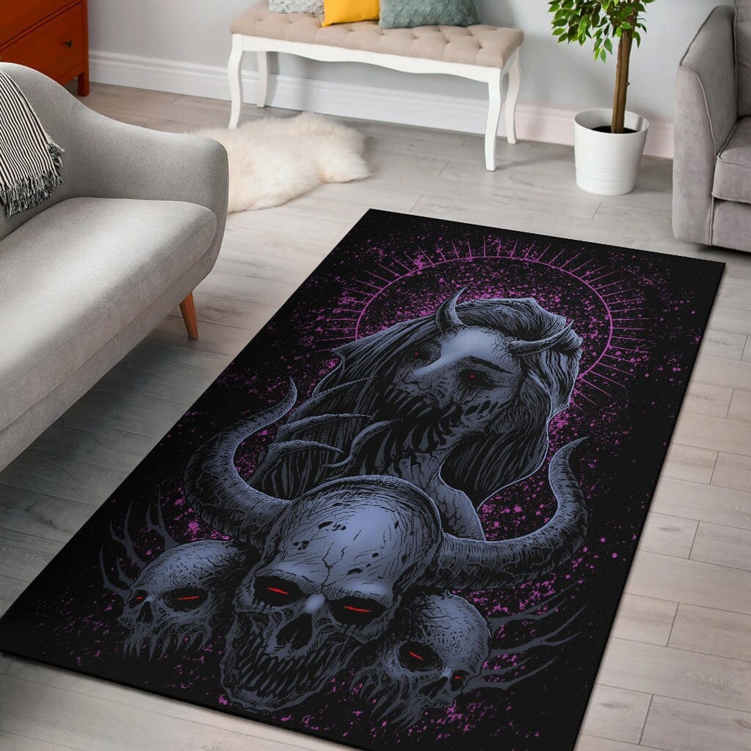 Monster Horned Skull Horned Demon Woman Area Rug Night Blue Pink ...