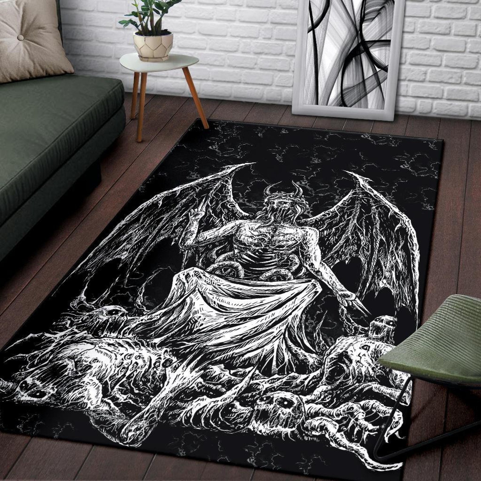Skull Skeleton Satanic Bat Wing Demon God Area Rug Black and White ...