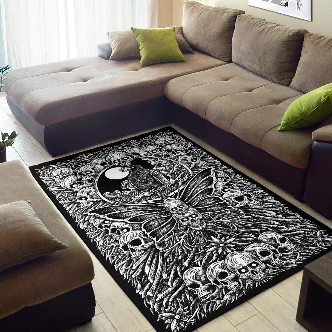 Skull Occult Crow Moth Area Rug Black and White Version-skull - Etsy