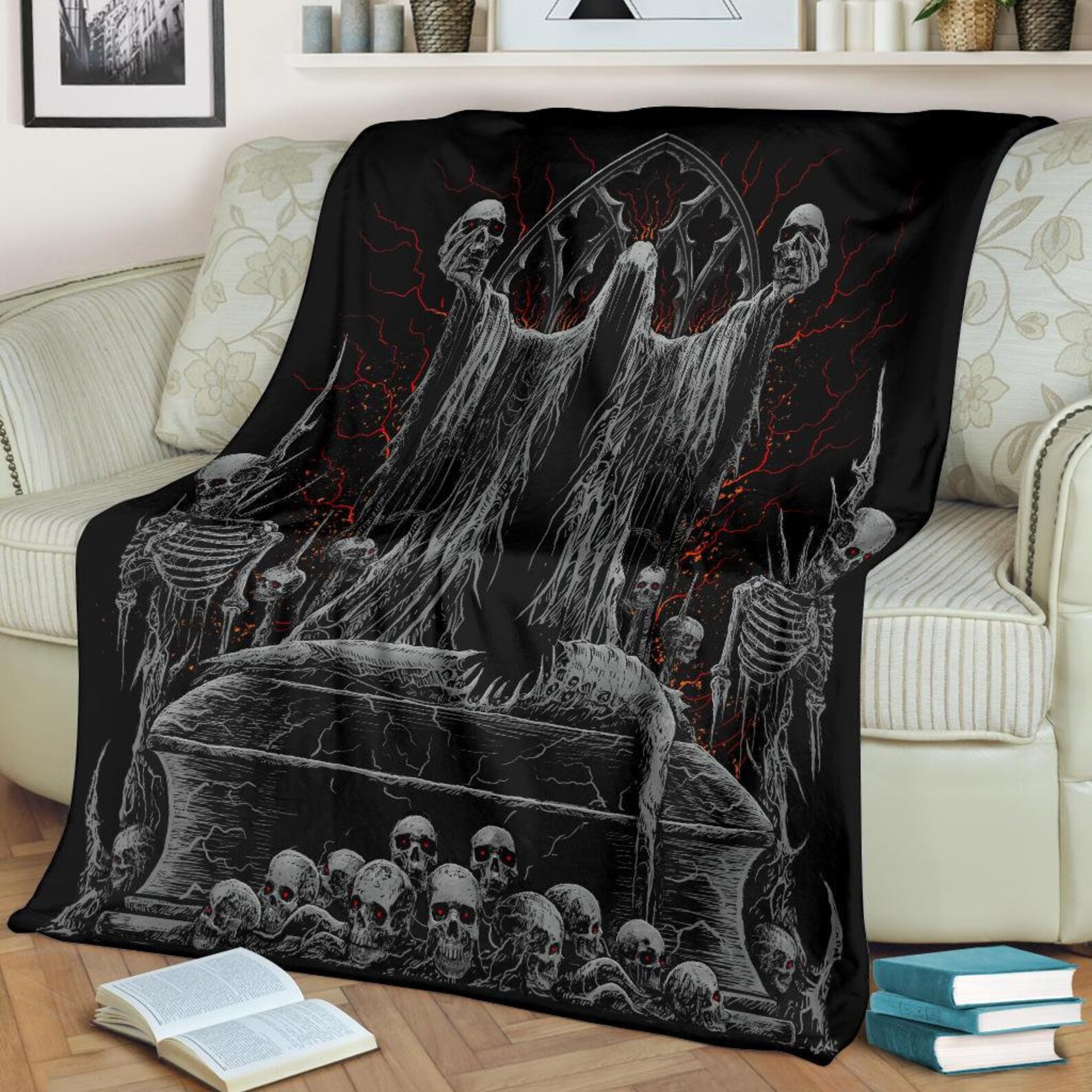 Skull Hooded Demon Impaled Coffin Shrine Blanket Silver Red-goth Skull ...