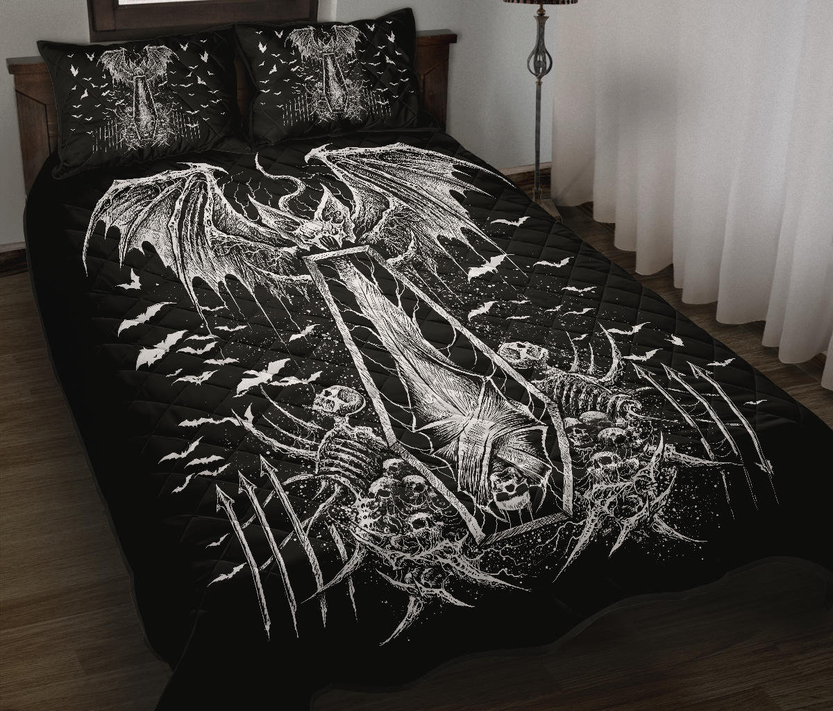 Skull Batwing Skeleton Coffin Shroud 3 Piece Quilt Set Black - Etsy